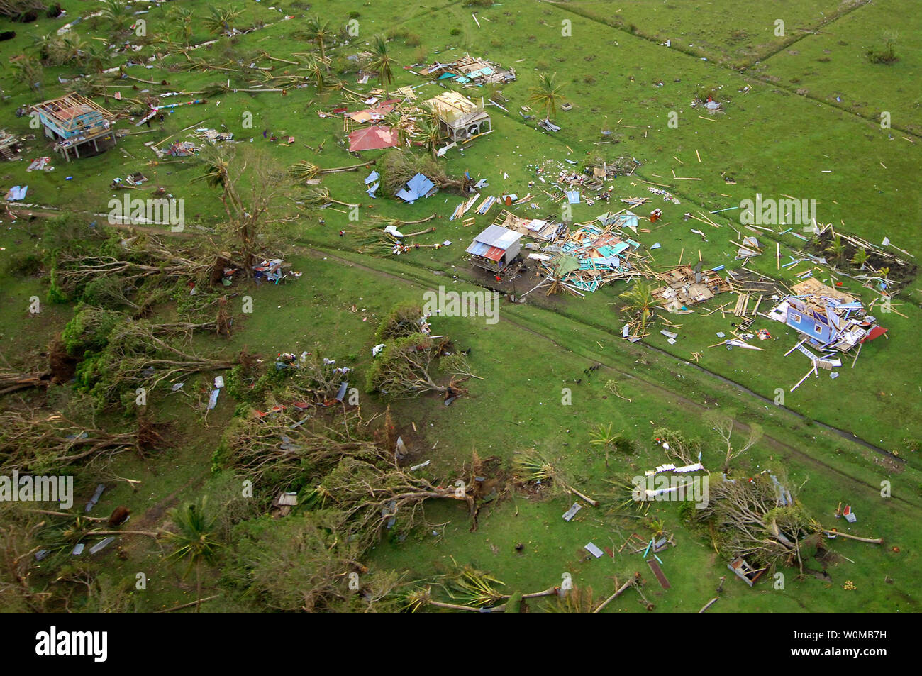 An aerial view from a U.S. Navy helicopter shows the devastation of ...