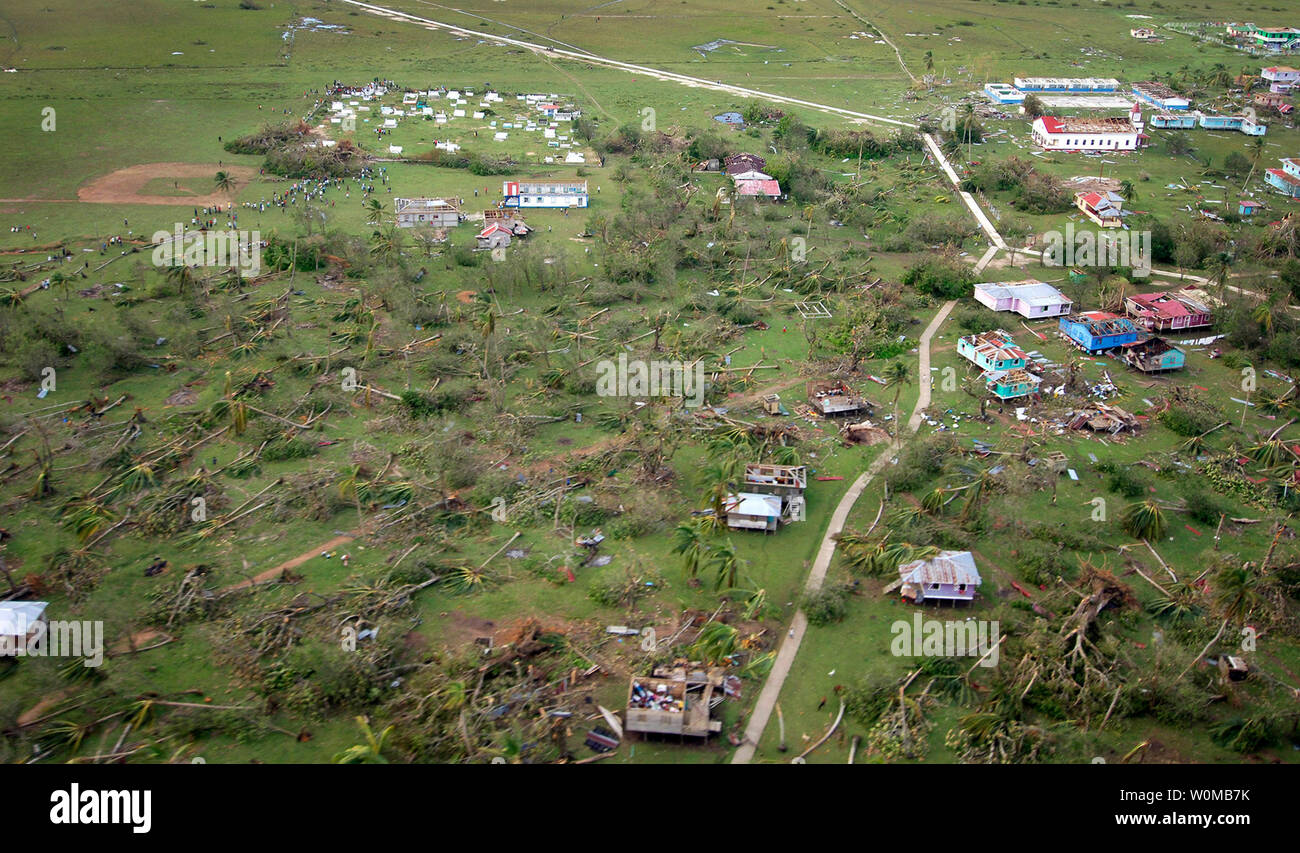 An aerial view from a U.S. Navy helicopter shows the devastation of ...