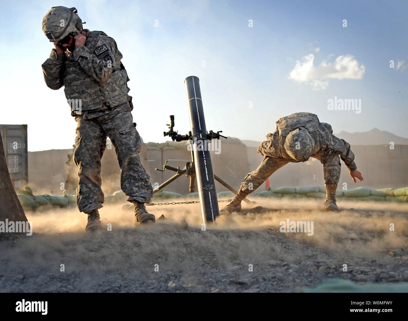 Mortarmen Pfc. Josh Barrios and Staff Sgt. Brent Holmes conduct a fires ...