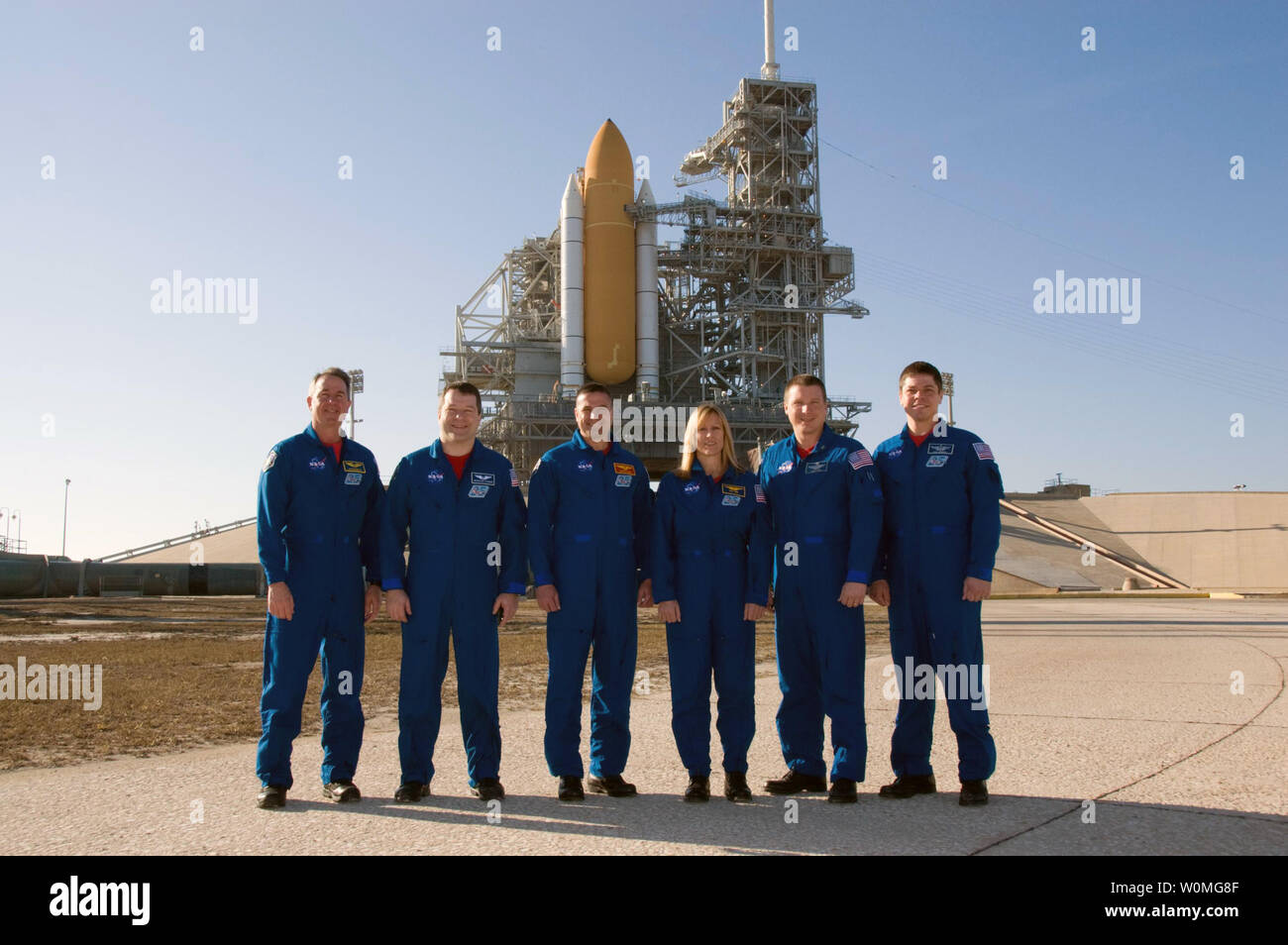 The STS-130 crew members (L to R) Commander George Zamka, Pilot Terry Virts, Mission Specialists ...
