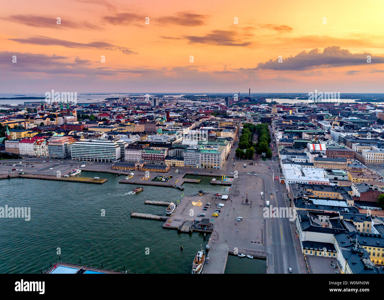 Aerial view of beautiful Helsinki at sunset. Blue sky and clouds and ...