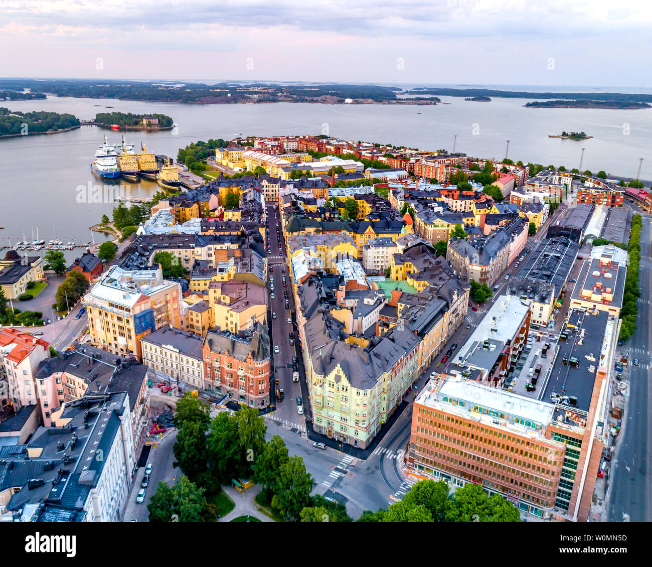 Aerial view of beautiful Helsinki at sunset. Blue sky and clouds and ...