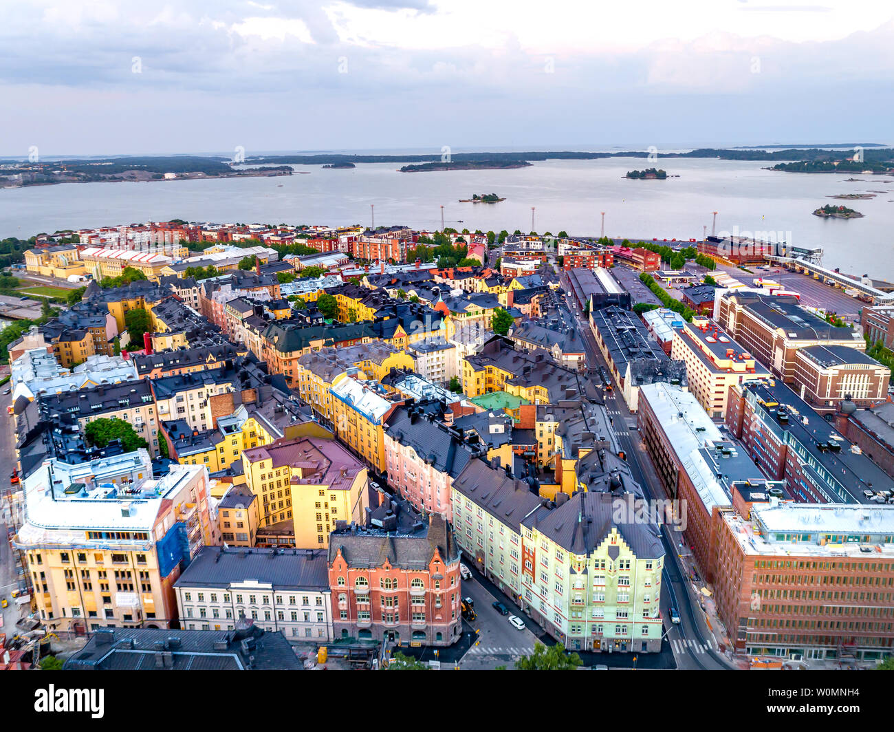 Aerial view of beautiful Helsinki at sunset. Blue sky and clouds and ...