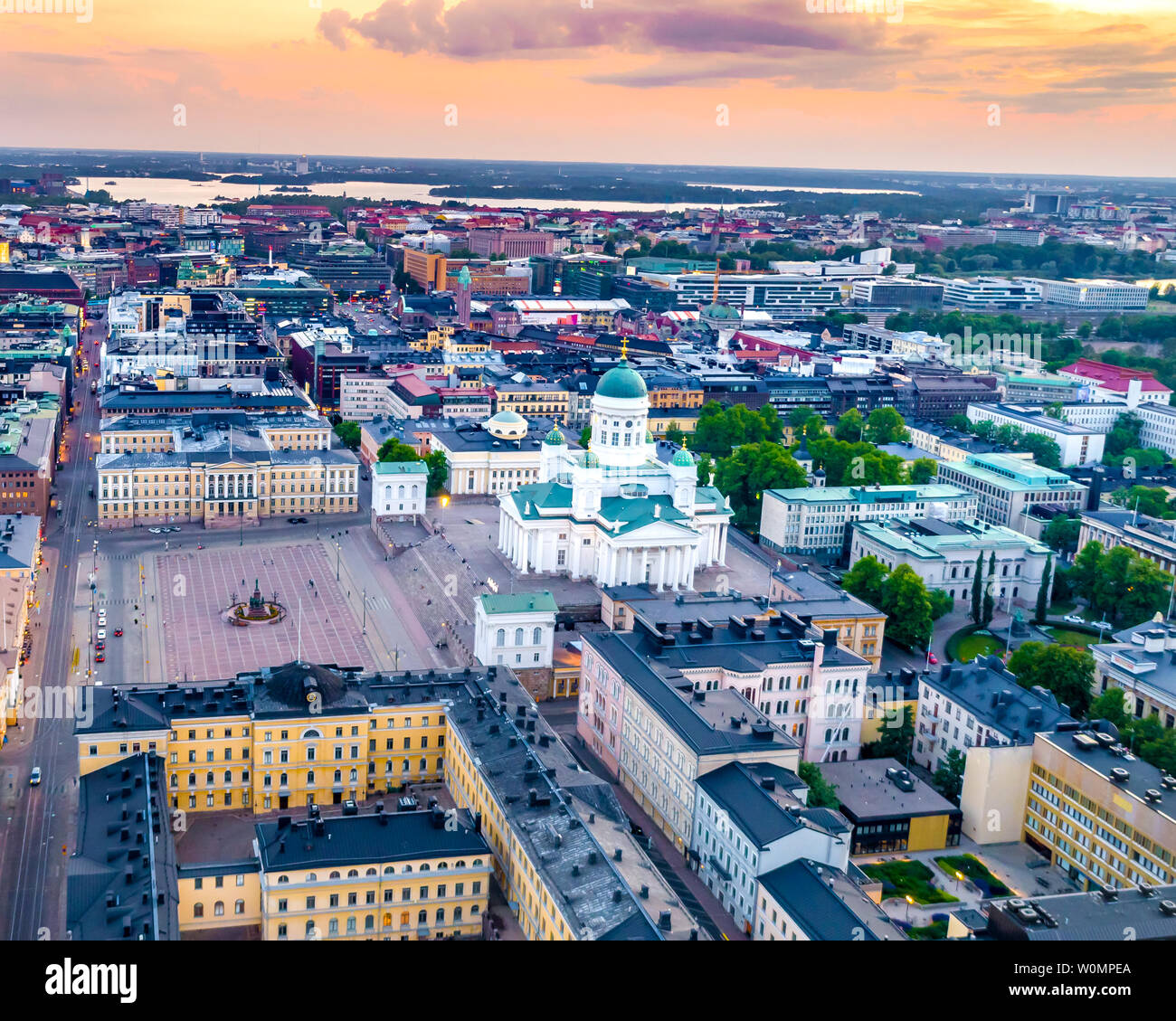 Aerial view of beautiful Helsinki at sunset. Blue sky and clouds and ...