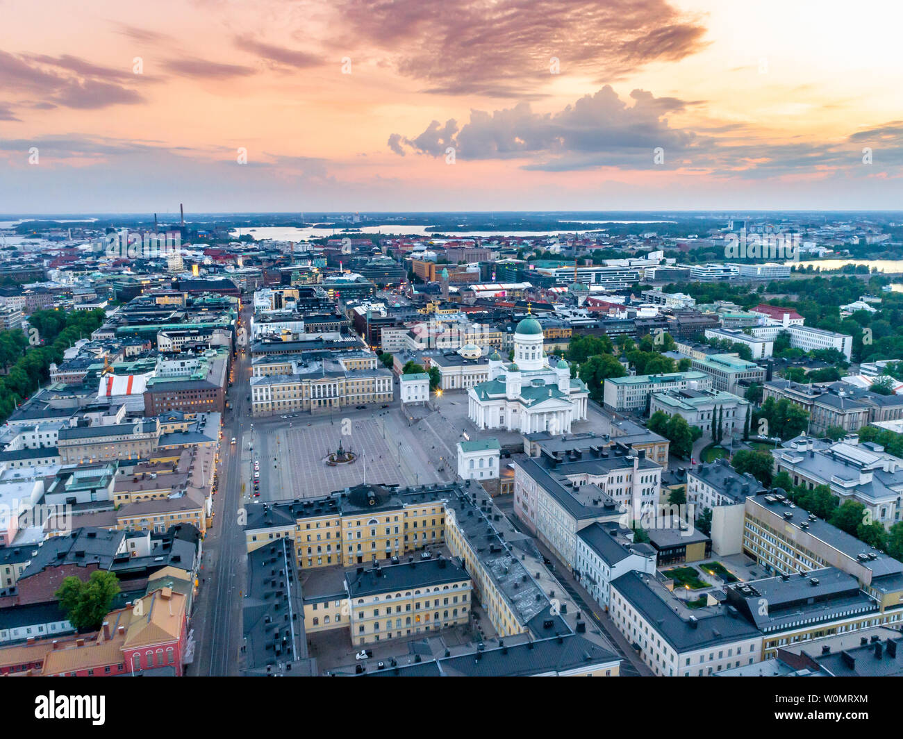 Aerial view of beautiful Helsinki at sunset. Blue sky and clouds and ...