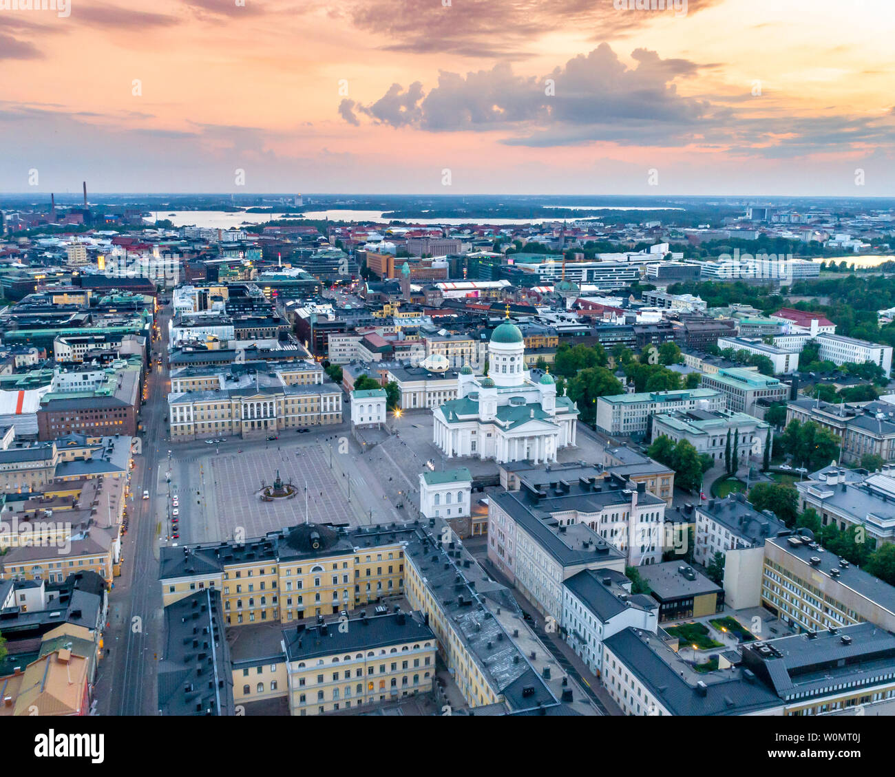 Aerial view of beautiful Helsinki at sunset. Blue sky and clouds and ...
