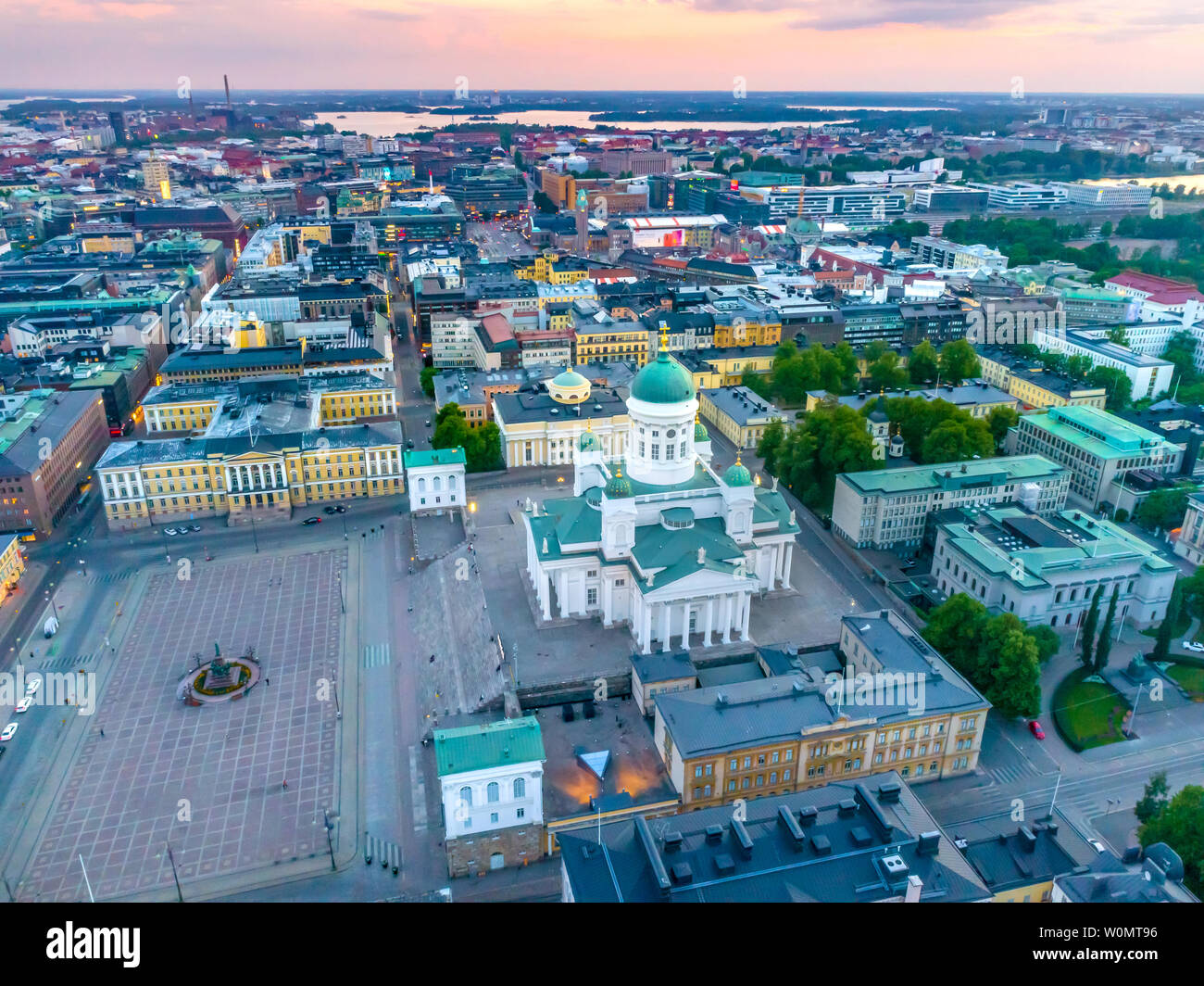 Aerial view of beautiful Helsinki at sunset. Blue sky and clouds and ...