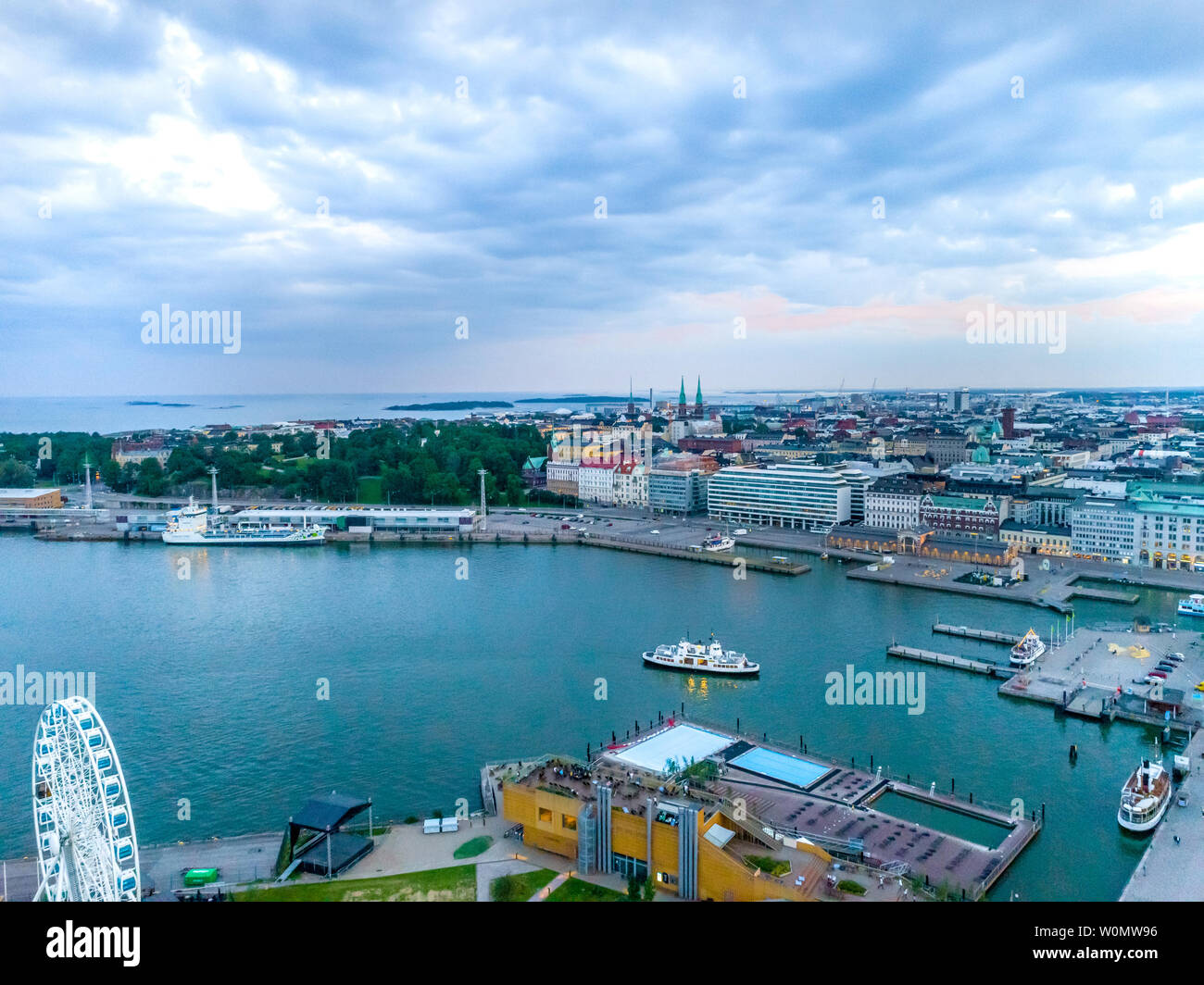 Aerial view of beautiful Helsinki at sunset. Blue sky and clouds and ...