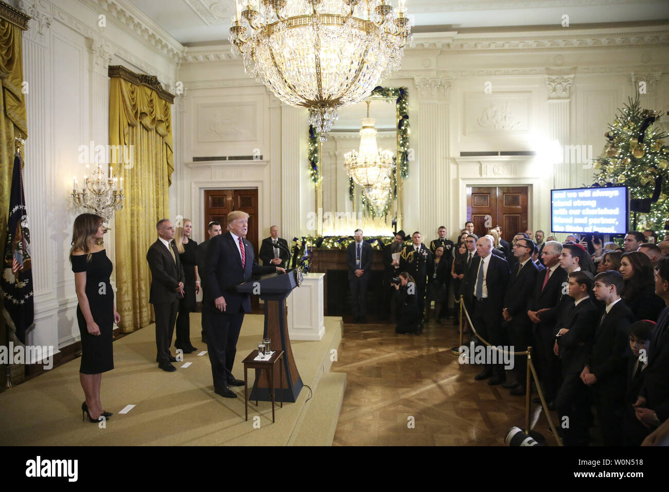 President Donald Trump speaks during a Hanukkah reception in the East ...