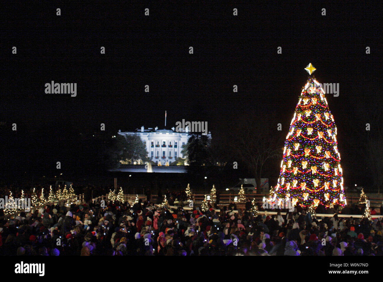 The National Christmas Tree sparkles in front of the White House stage ...