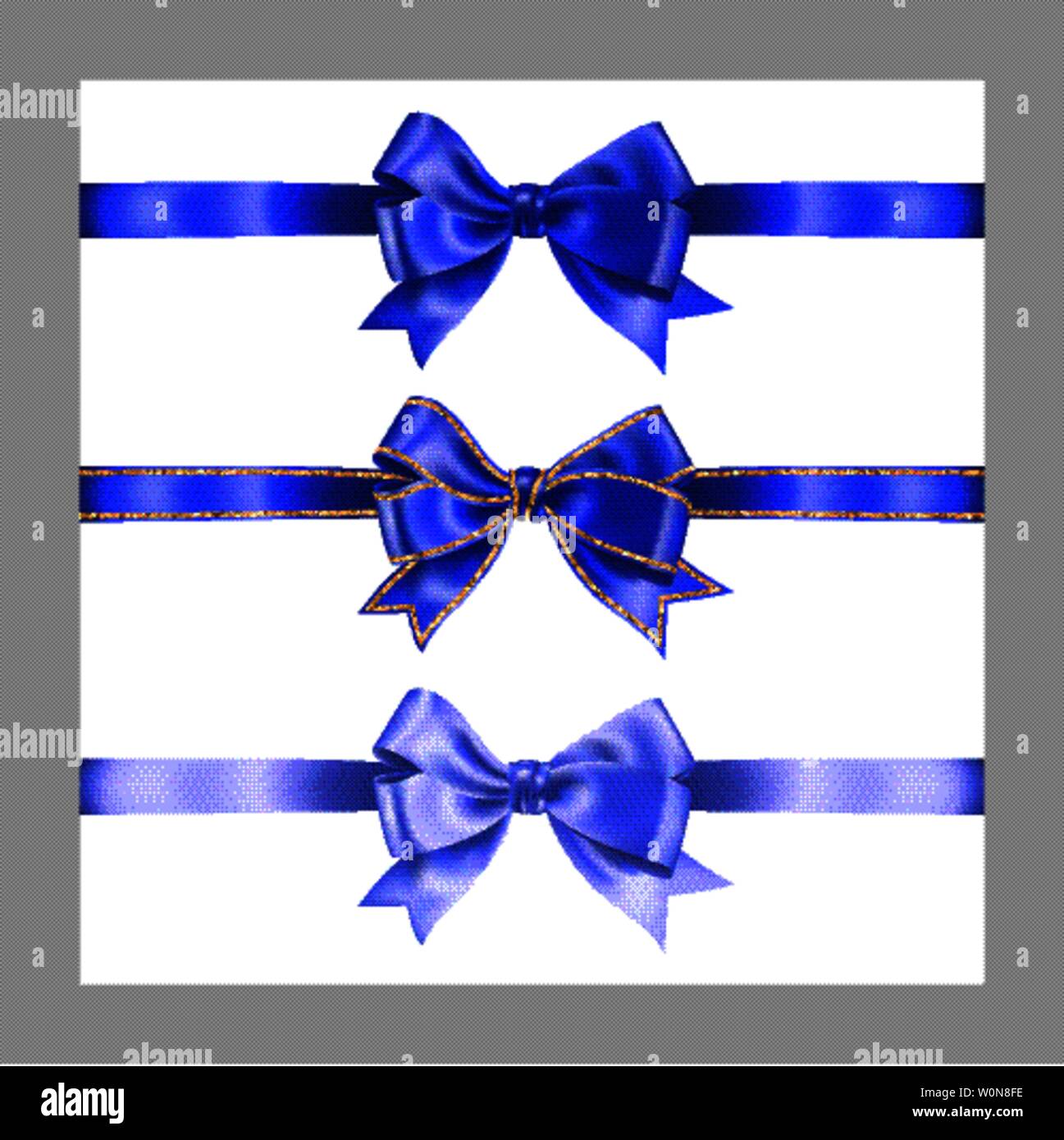 Set of three realistic blue silk ribbon bow with gold glitter shiny stripes, vector illustration ...