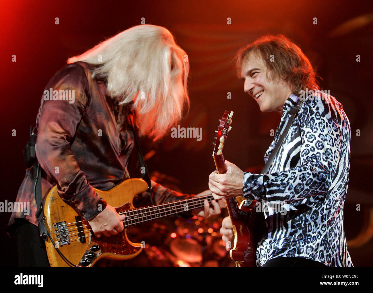 Dave Amato (R) and Bruce Hall with REO Speedwagon perform in concert at ...