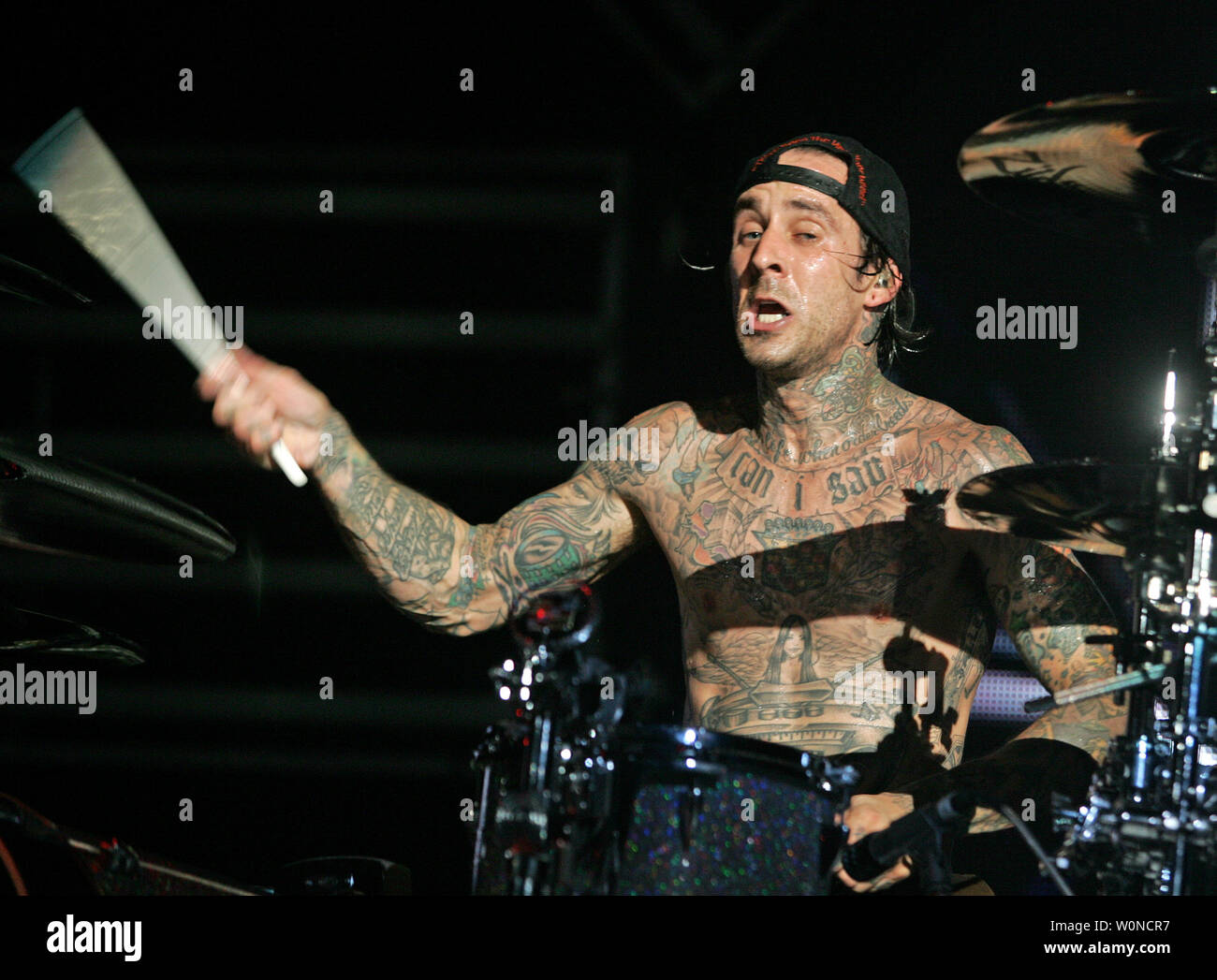 Travis Barker with Blink 182 performs in concert at the Cruzan ...