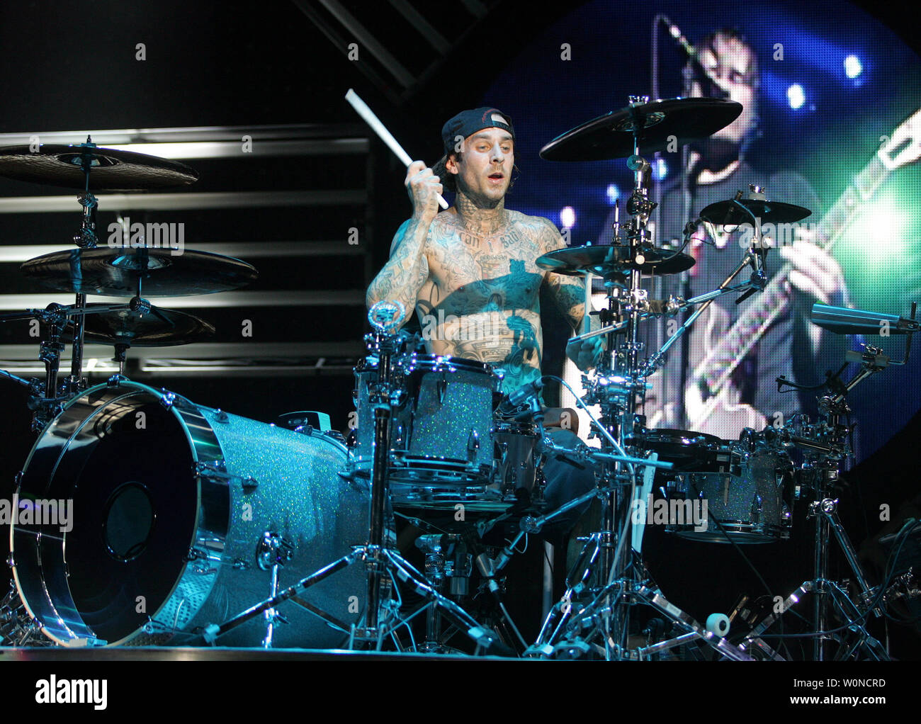 Travis Barker with Blink 182 performs in concert at the Cruzan ...