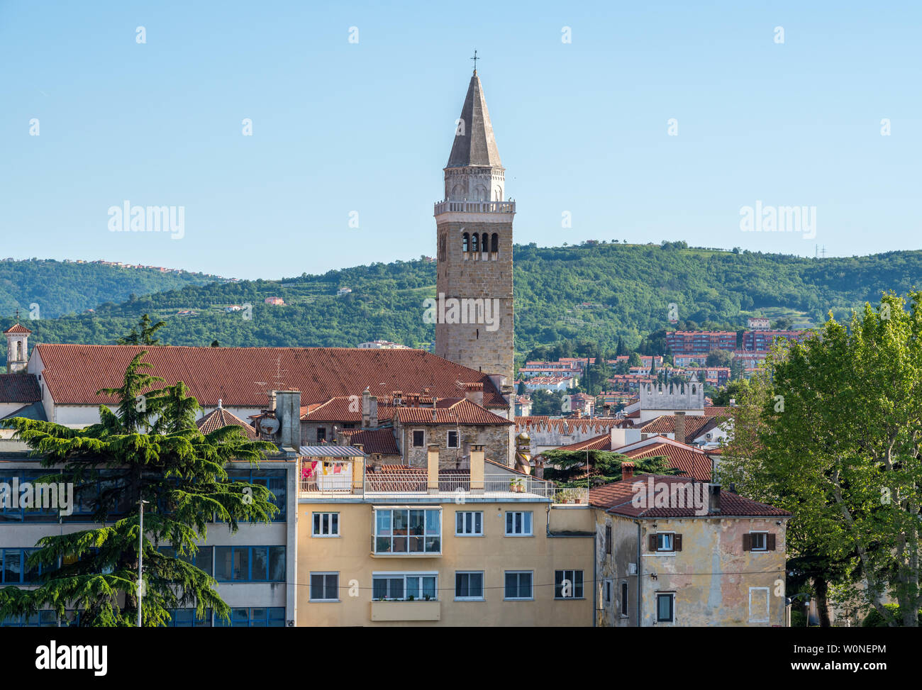 Church tower rises above the old town of Koper in Slovenia Stock Photo ...