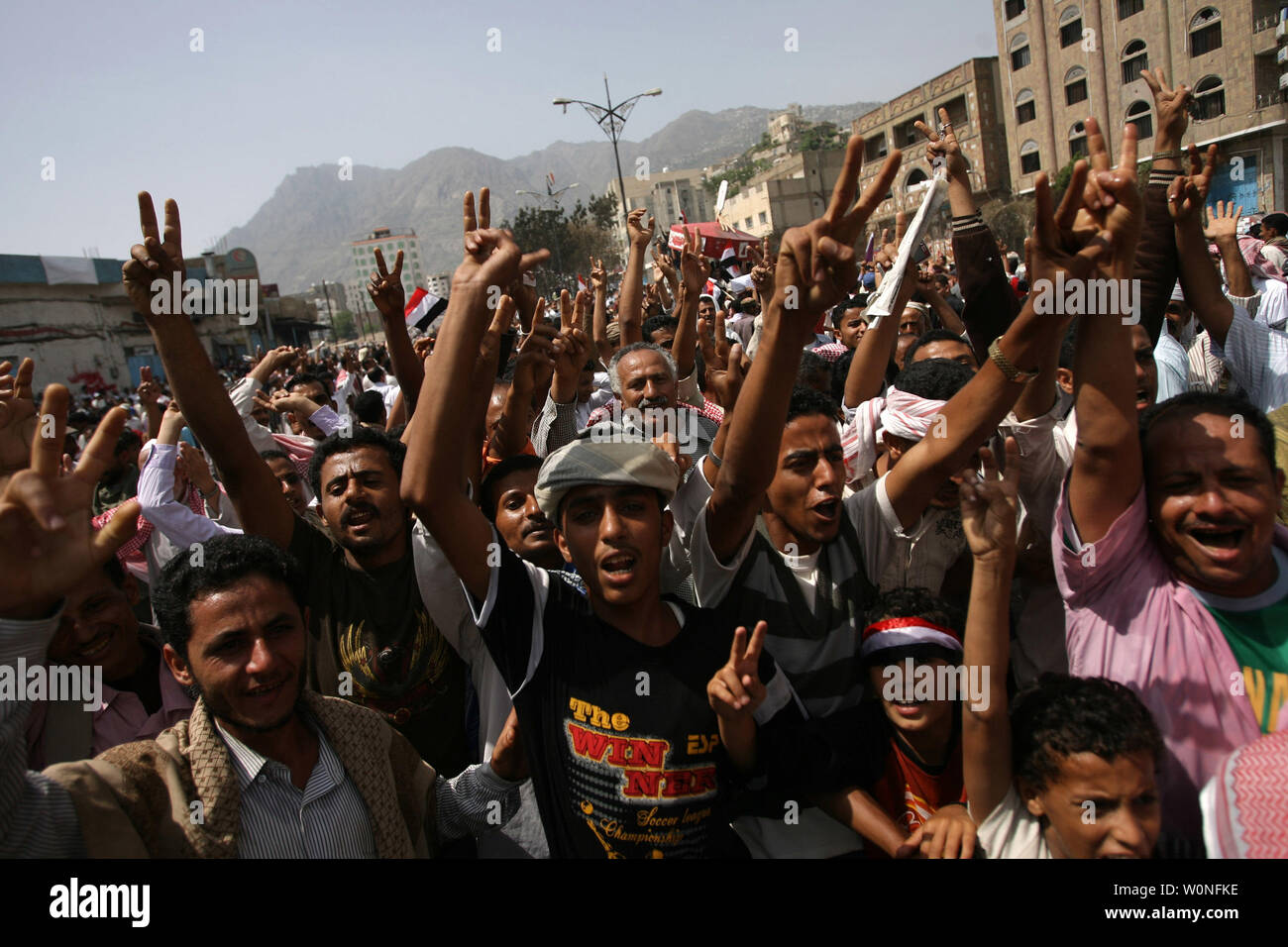 Tribesmen celebrate in Yemen's second-largest city Taez (Taiz), a ...