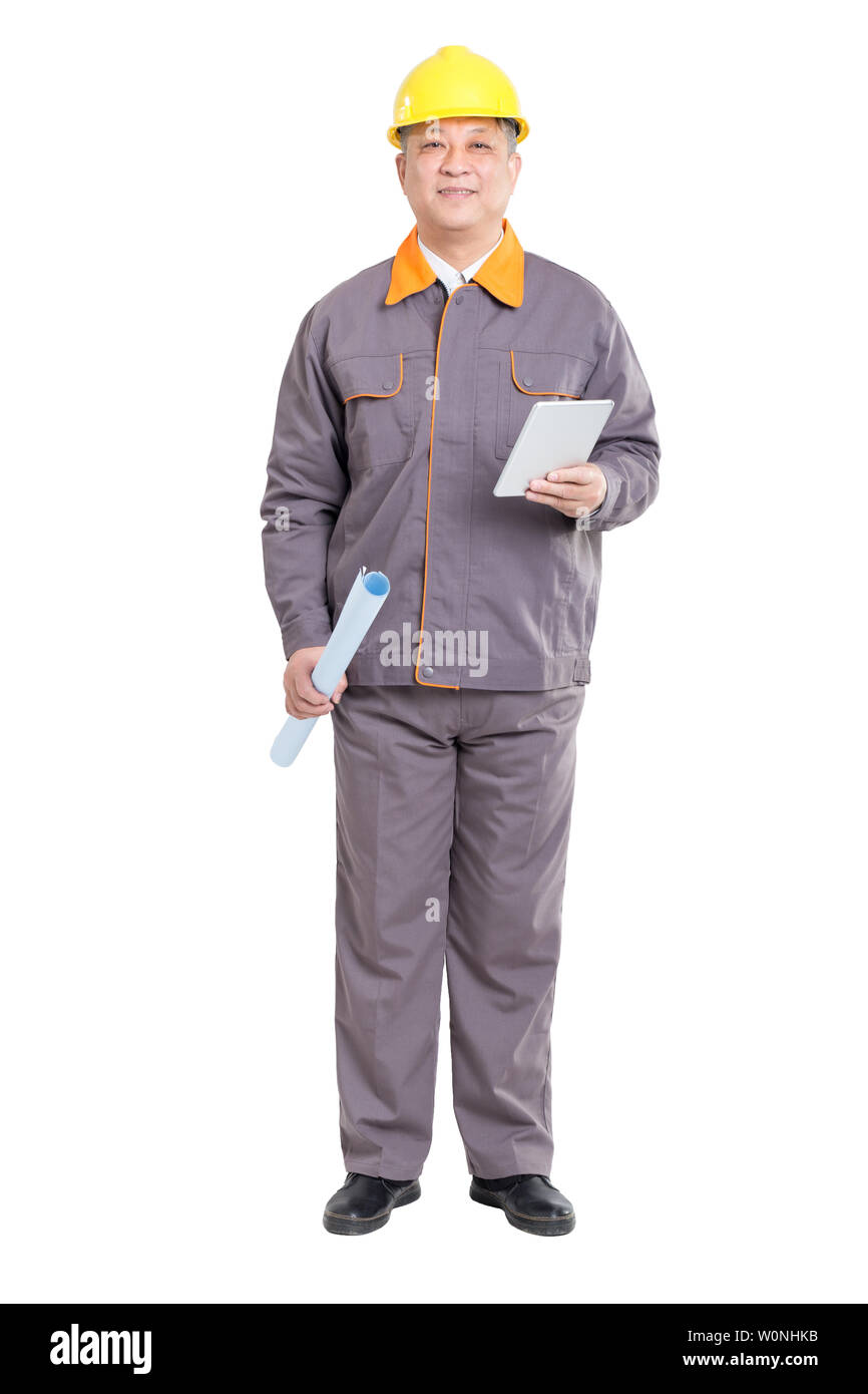 isolated engineer in hardhat with blueprint and tablet Stock Photo - Alamy