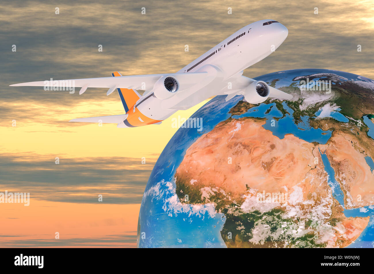 Global Air Travel concept. Airplane with Earth Globe, 3D rendering ...