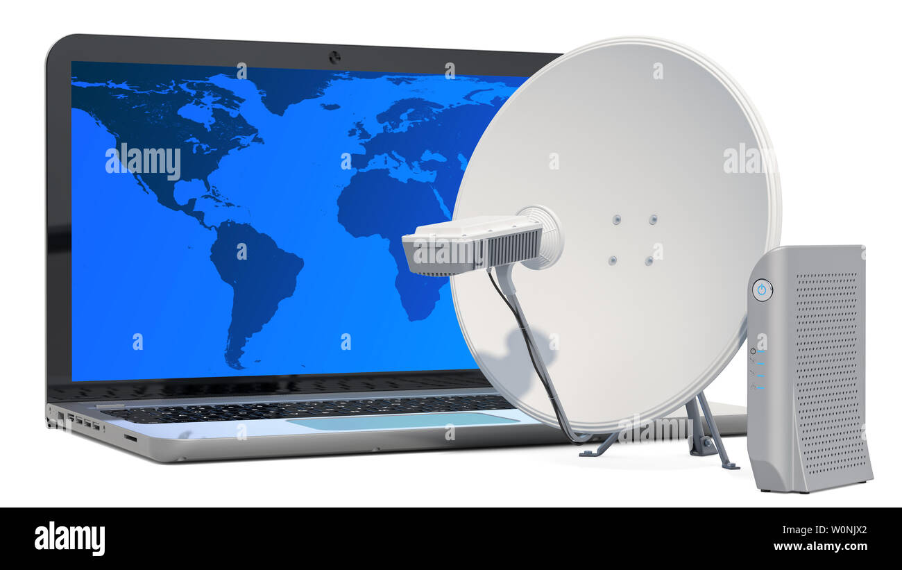 Satellite Internet access concept. Laptop with communication satellite ...