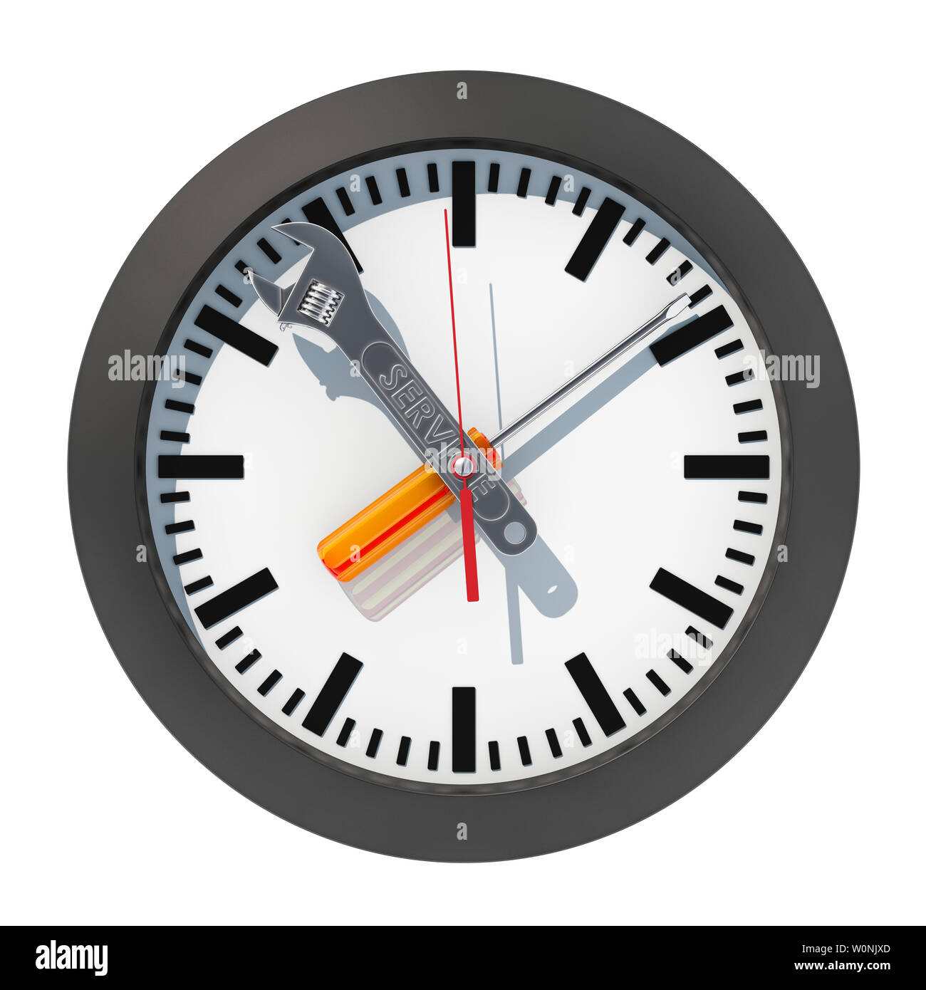 Clock face with repair tools. Repair Time concept. 3D rendering Stock ...