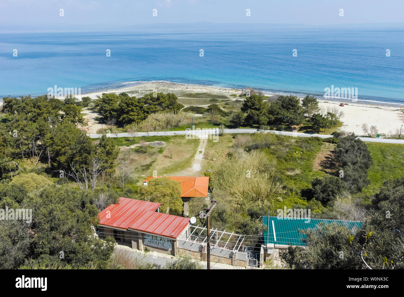 AFYTOS, KASSANDRA, GREECE - MARCH 31, 2019: Panoramic view of beach of ...