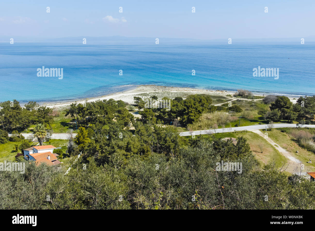 AFYTOS, KASSANDRA, GREECE - MARCH 31, 2019: Panoramic view of beach of ...