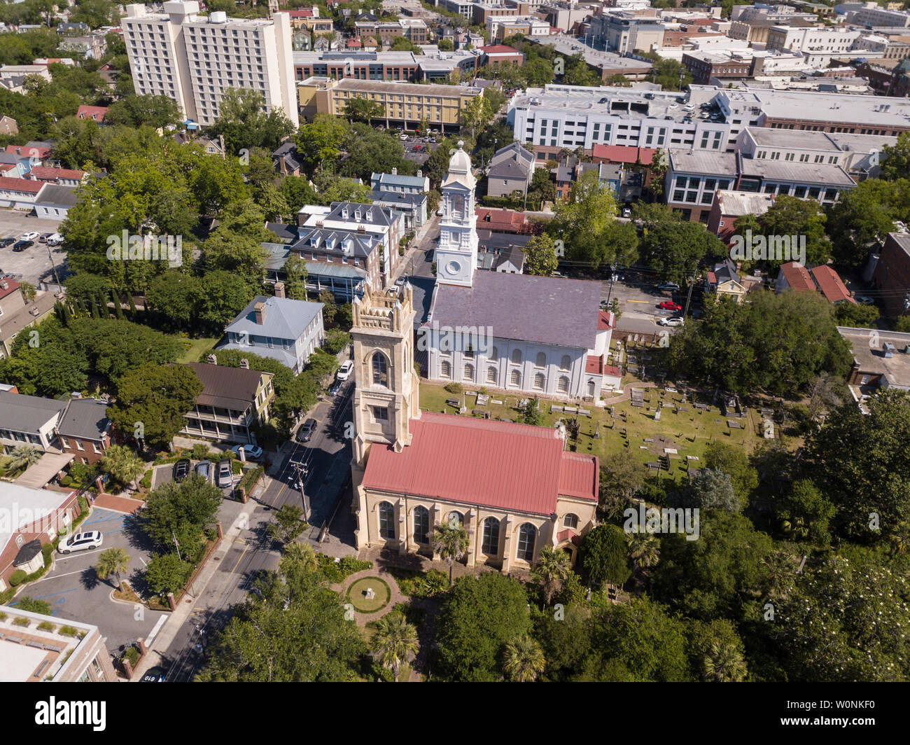 Aerial view of historic churches in downtown Charleston, South Carolina ...
