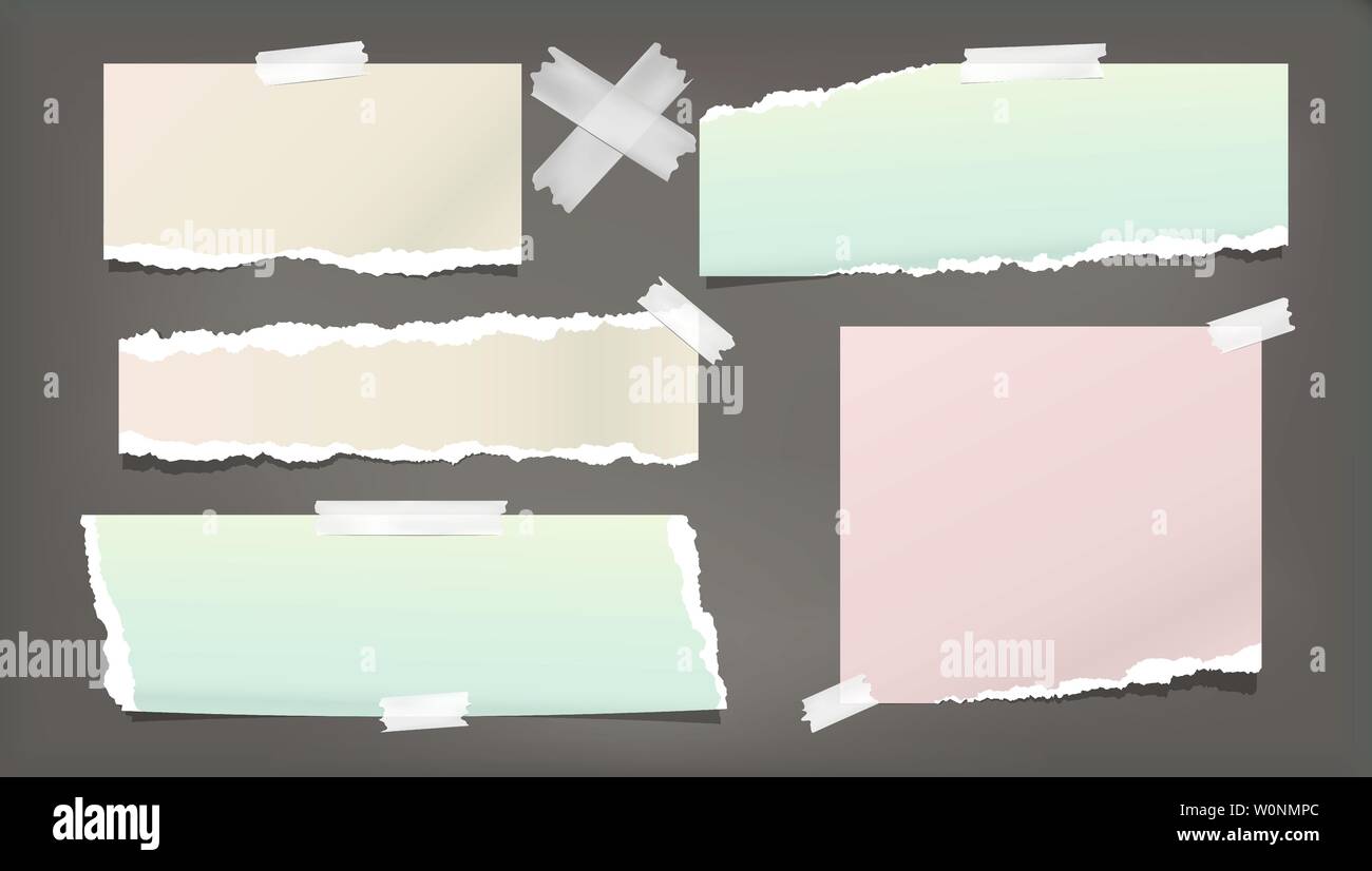 Colorful ripped, torn note, notebook grainy paper strips, stuck on dark ...