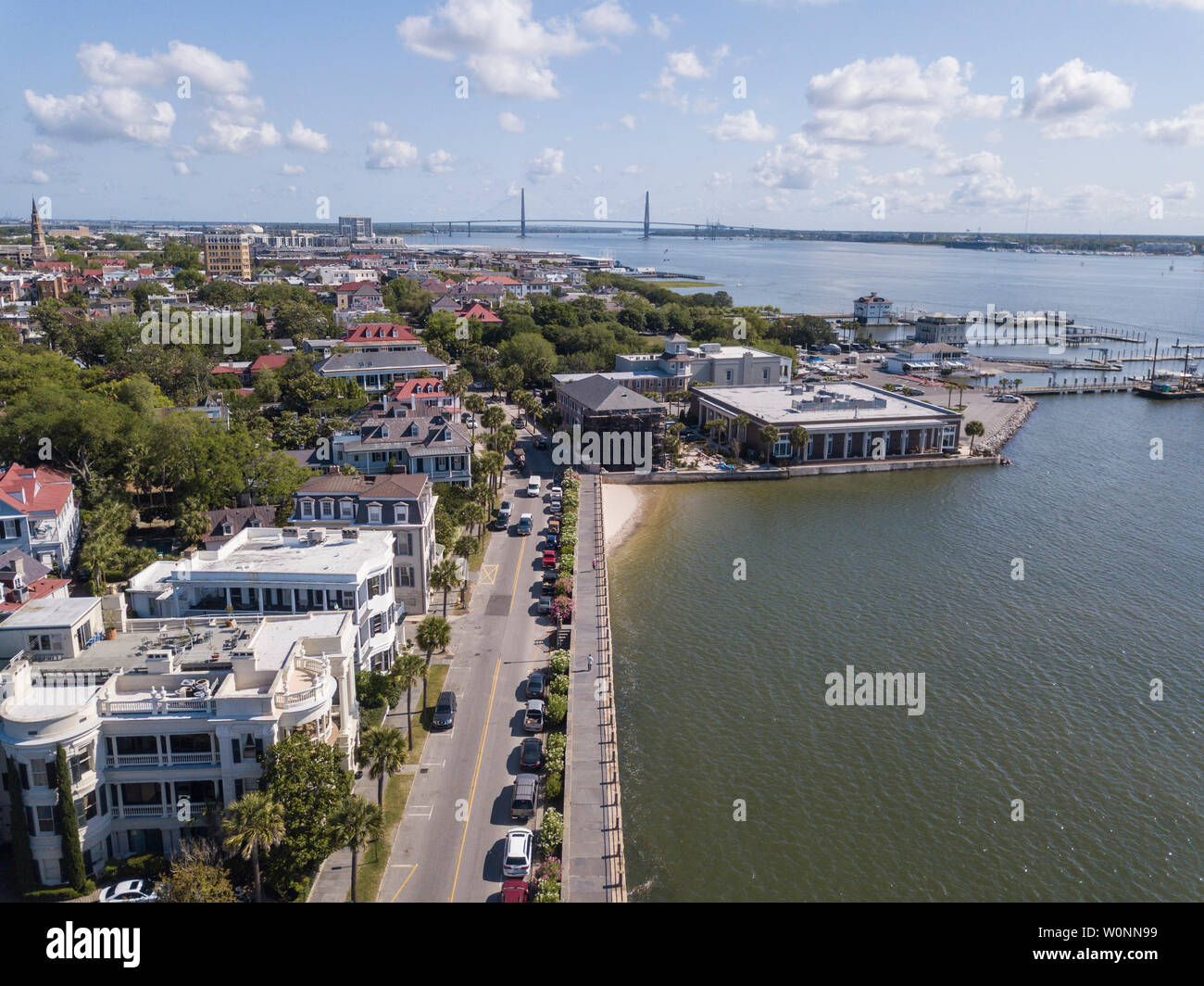 Aerial view of historic Charleston, South Carolina along East Bay ...