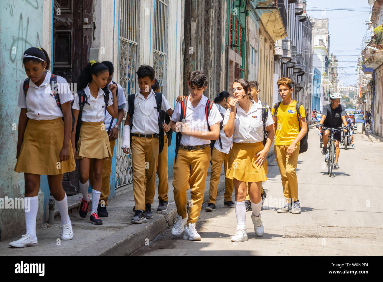Havana, Cuba - May 16, 2019: Cuban young school students in the street ...