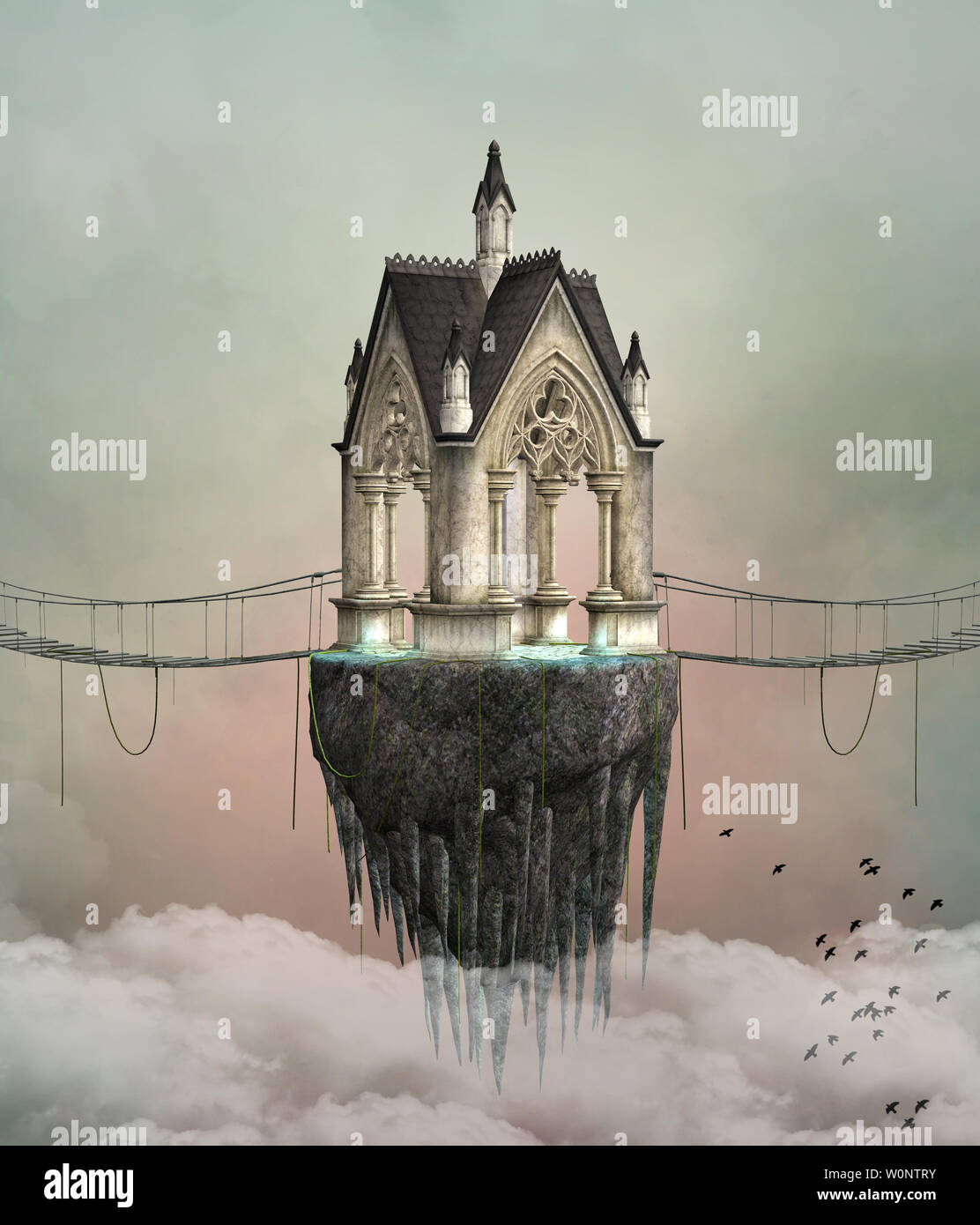 Fantasy flying house – conceptual illustration about travelling with ...