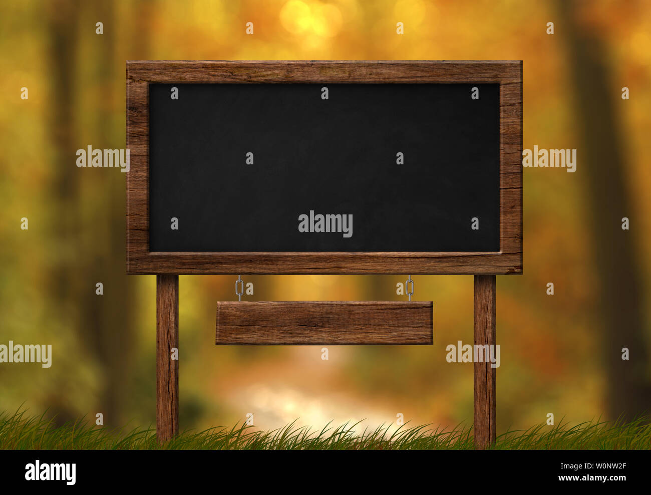Large blackboard with wood frame and autumn forest background Stock ...