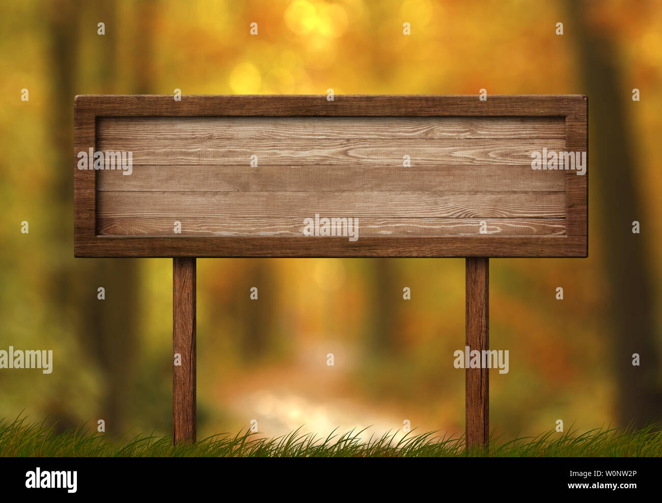 Oblong wooden signboard autumn forest background Stock Photo - Alamy