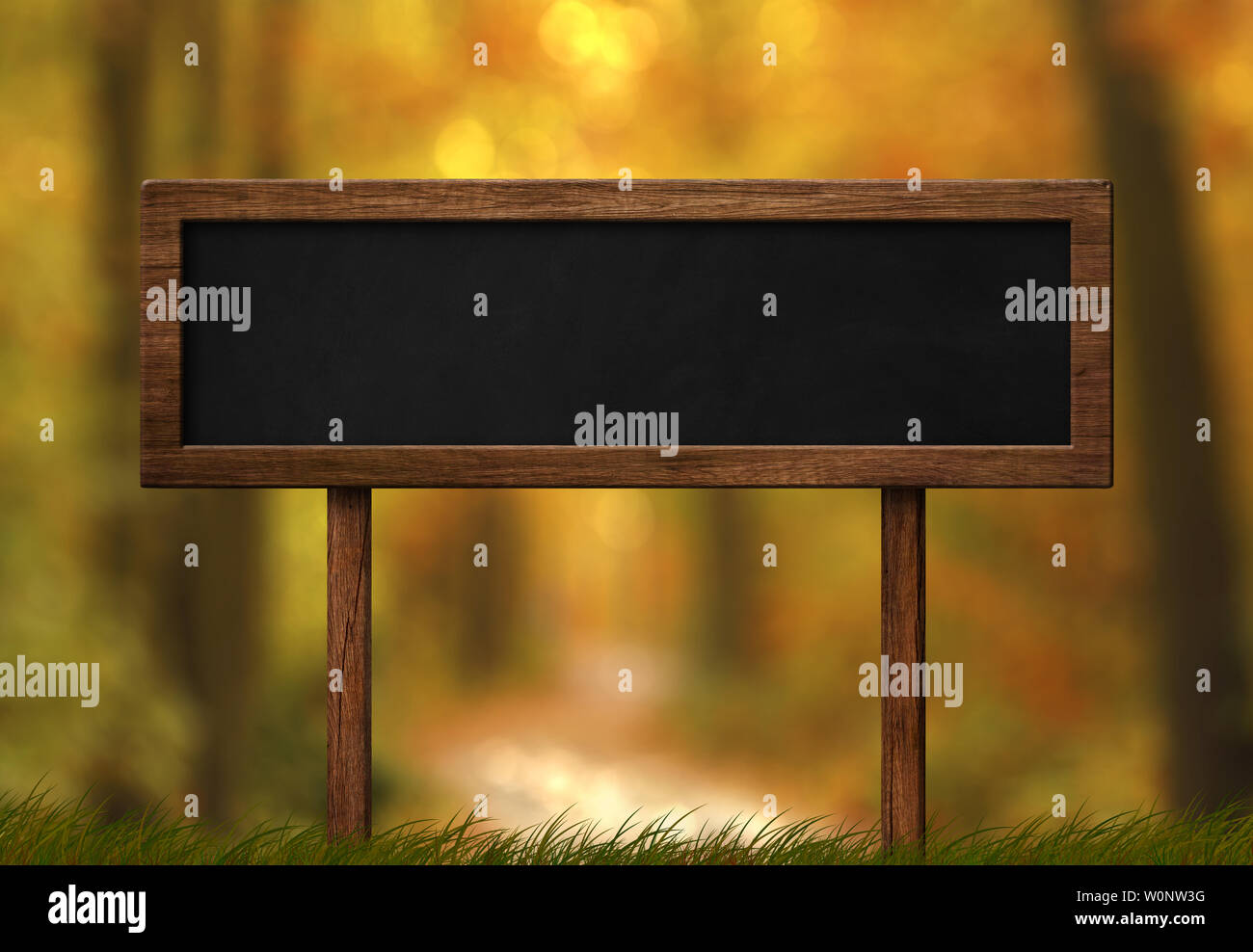 Oblong blackboard sign autumn forest background Stock Photo - Alamy
