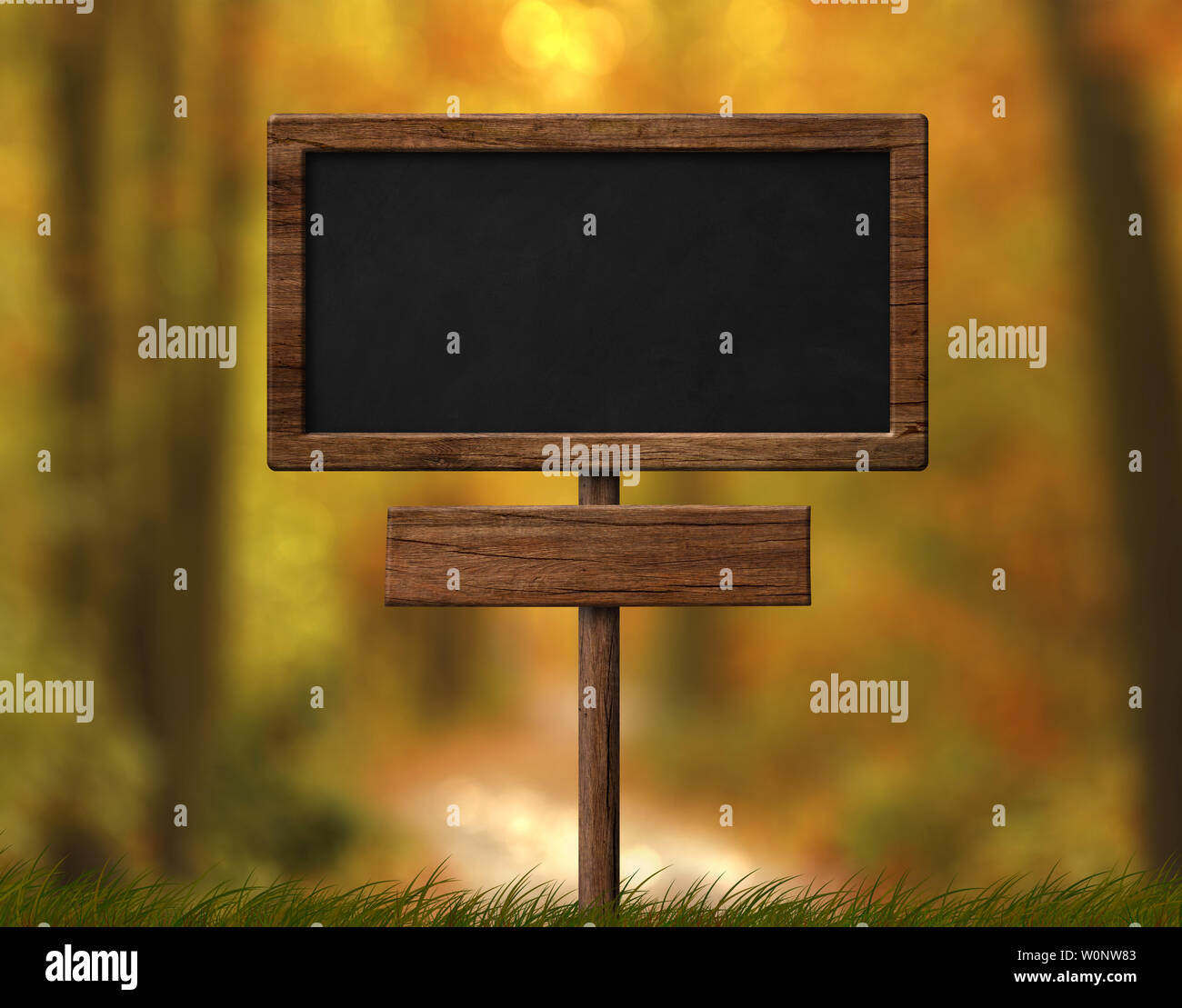 Wood frame blackboard with single pole and autumn forest background ...