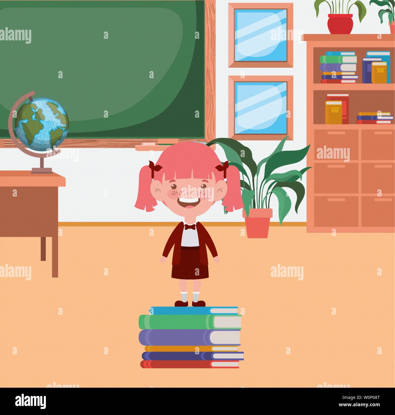 little student girl with pile books in the classroom Stock Vector Image ...