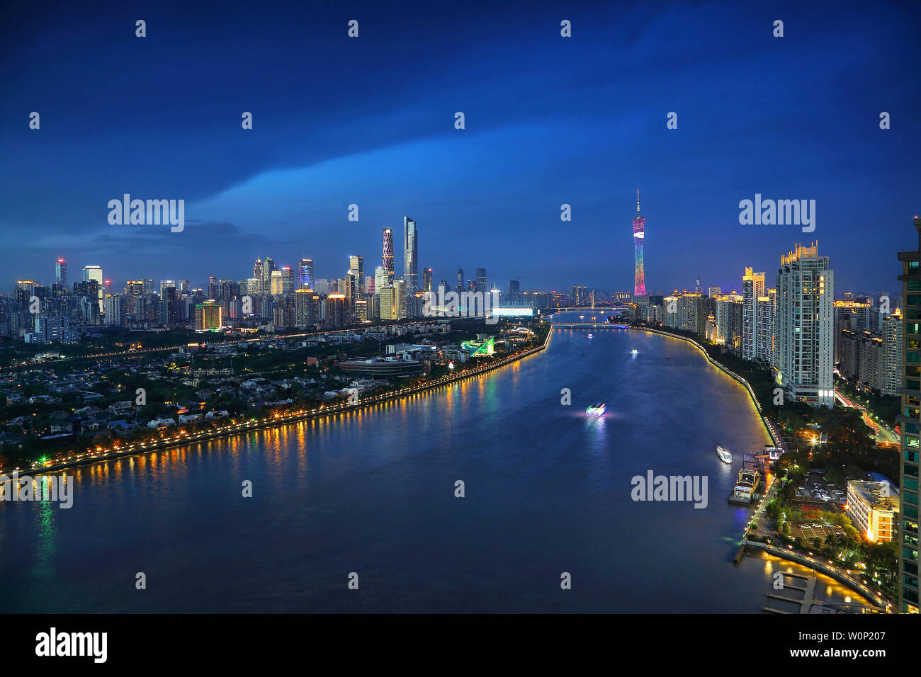 Pearl river night view east tower and west tower hi-res stock ...