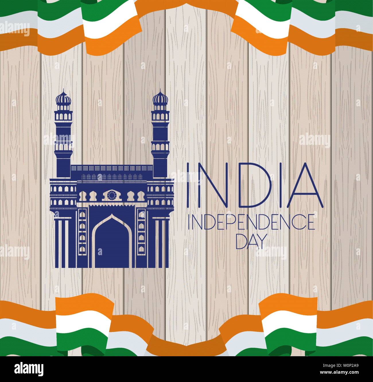 indian mosque chaminar temple with flag in wooden background Stock ...