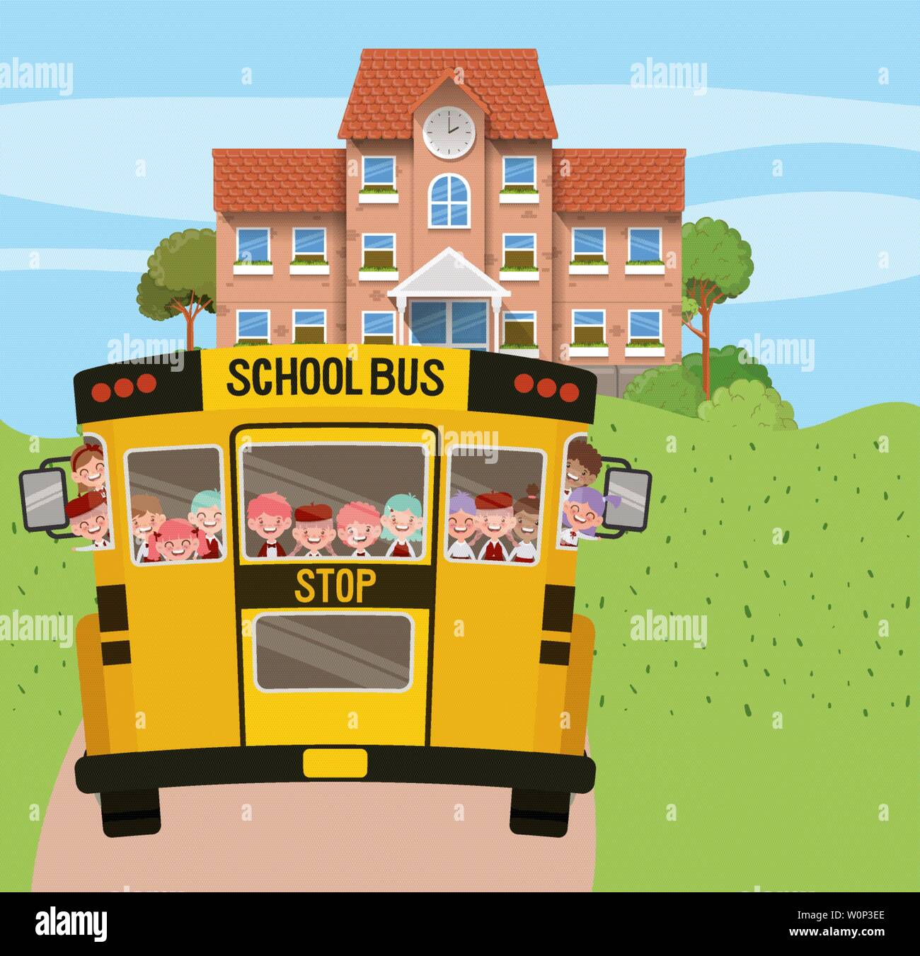 school building and bus with kids in the road scene Stock Vector Image ...