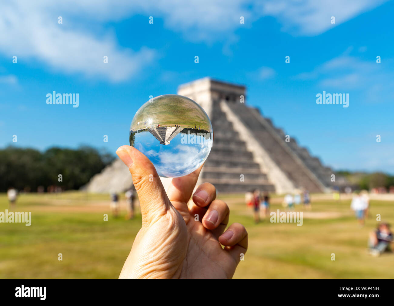 Crystal ball view of the Mexican Yucatan Chichen Itza feather pyramid ...