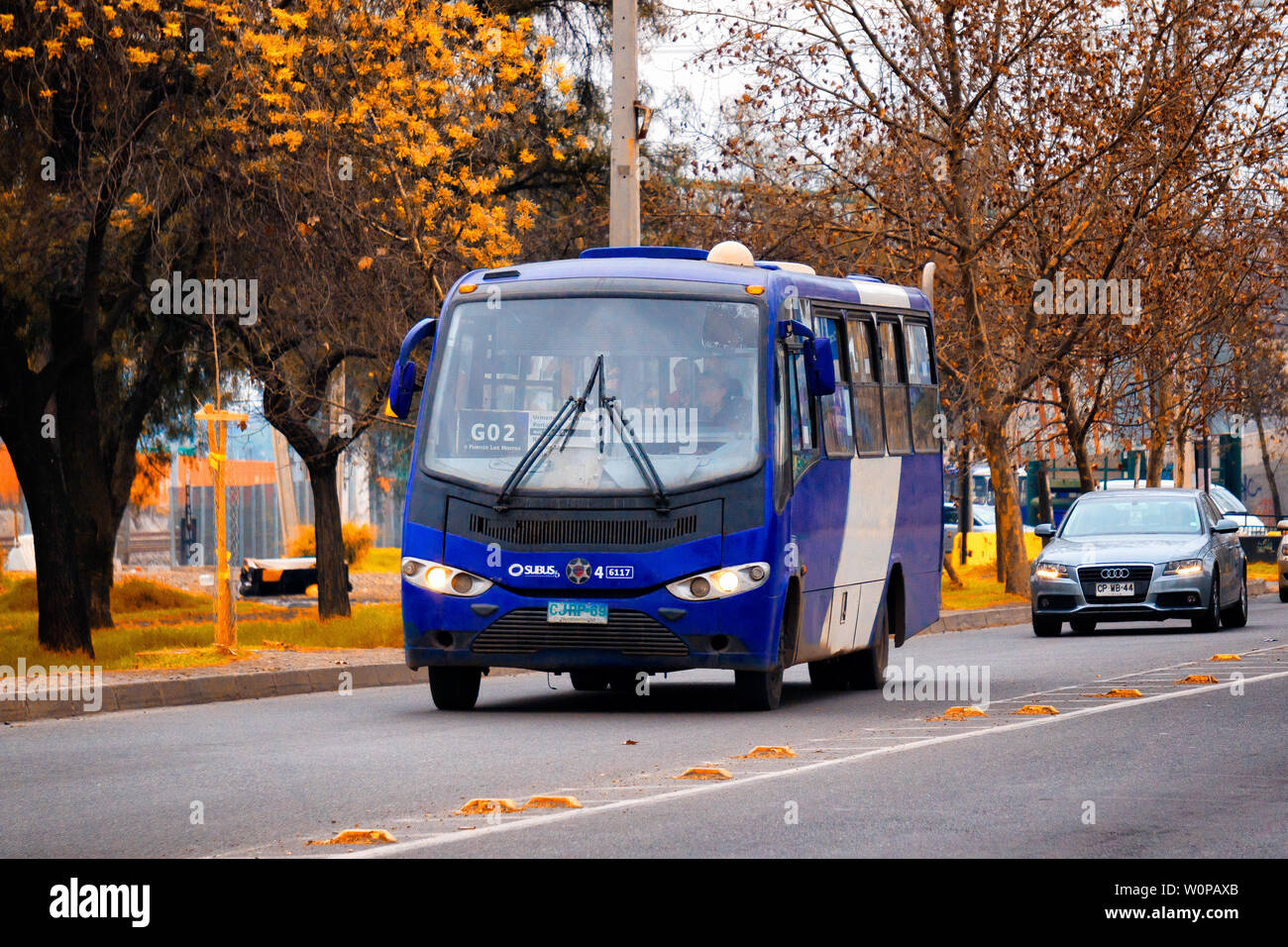 SANTIAGO, CHILE - JULY 2016: A small blue Transantiago bus during a ...