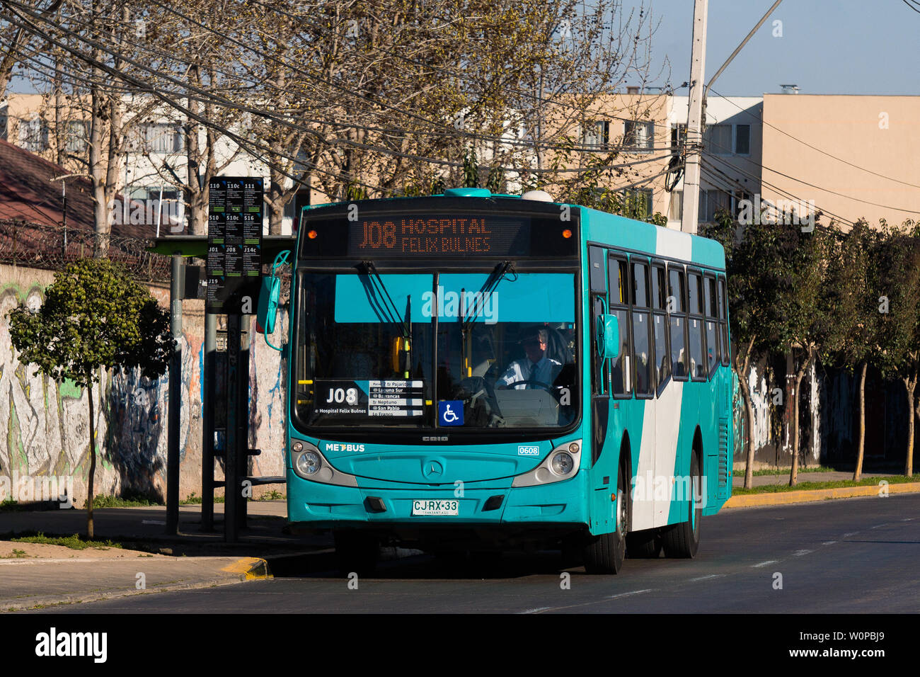 SANTIAGO, CHILE - AUGUST 2016: A Transantiago bus at a bus stop Stock ...