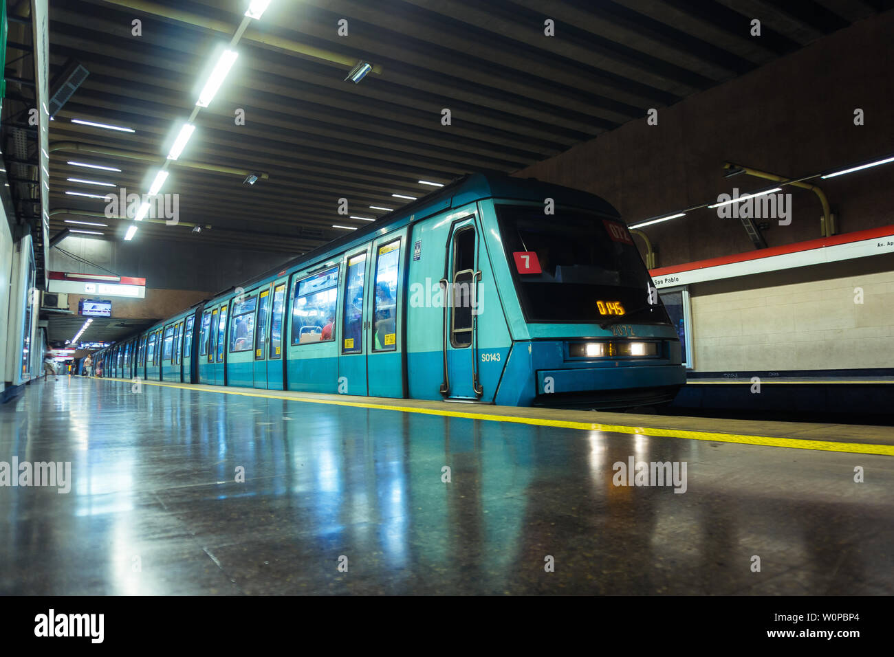 SANTIAGO, CHILE - FEBRUARY 2018: A Metro de Santiago train at Escuela ...