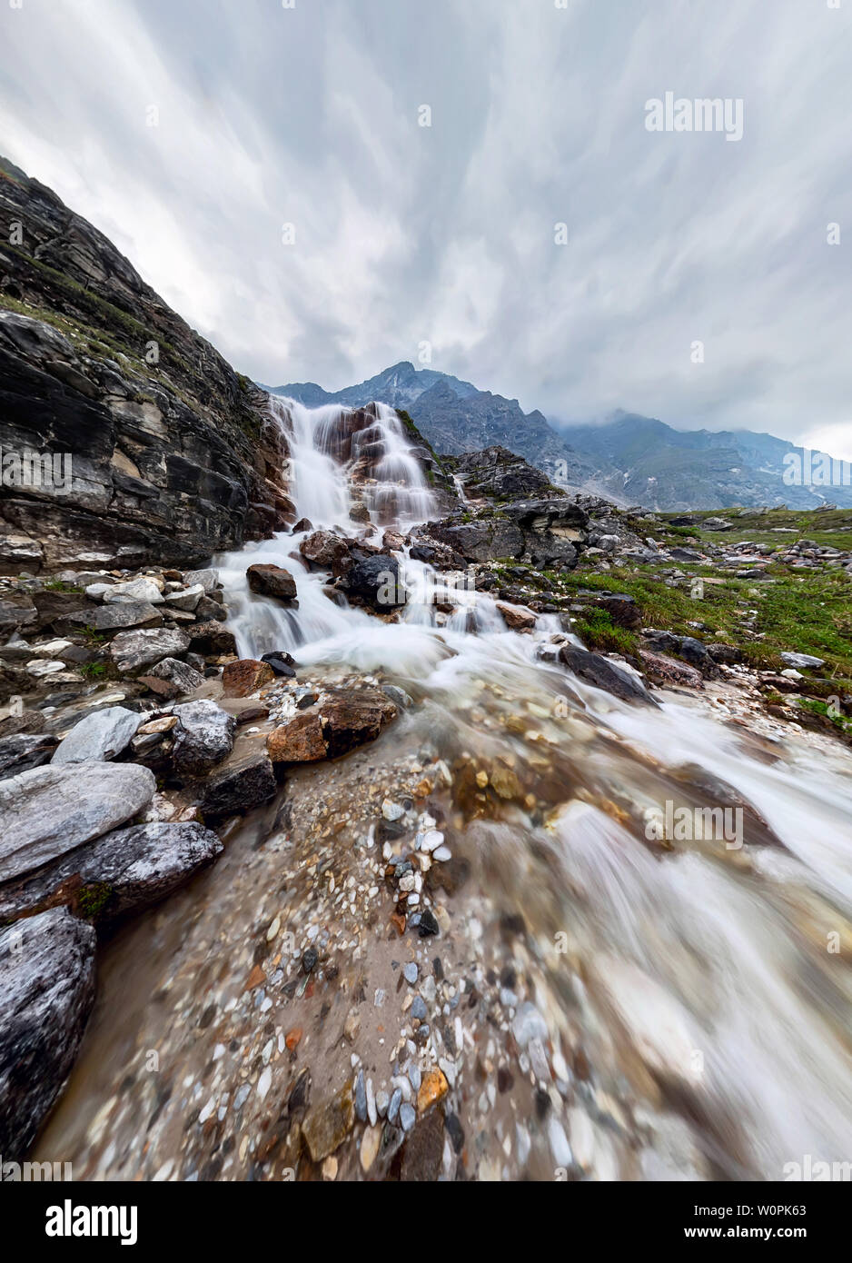 Mountain waterfall stream in misty rainy weather in the valley flowers ...
