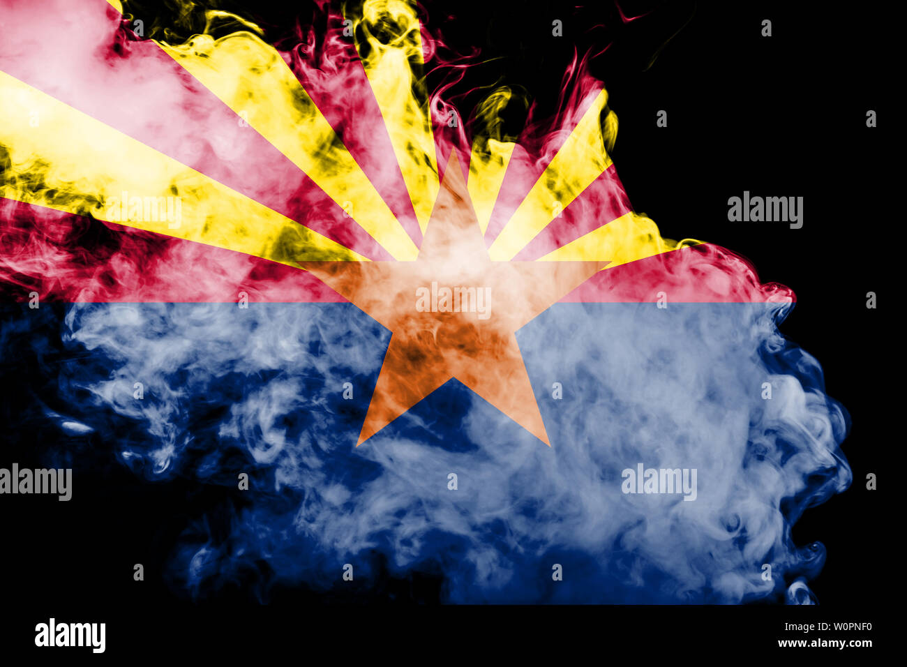 The national flag of the US state Arizona in against a gray smoke on ...