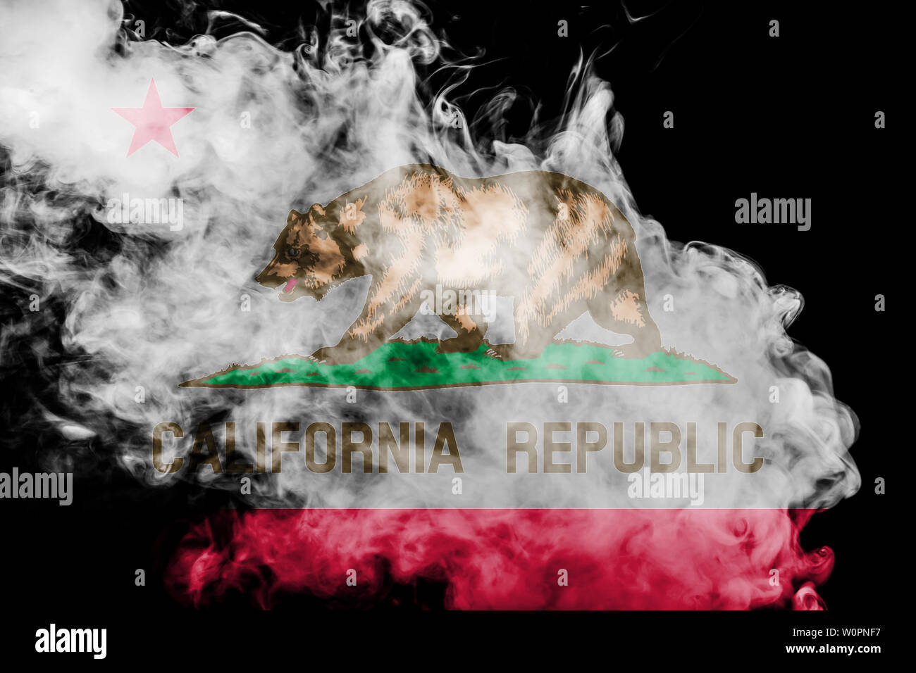 The national flag of the US state California in against a gray smoke on ...