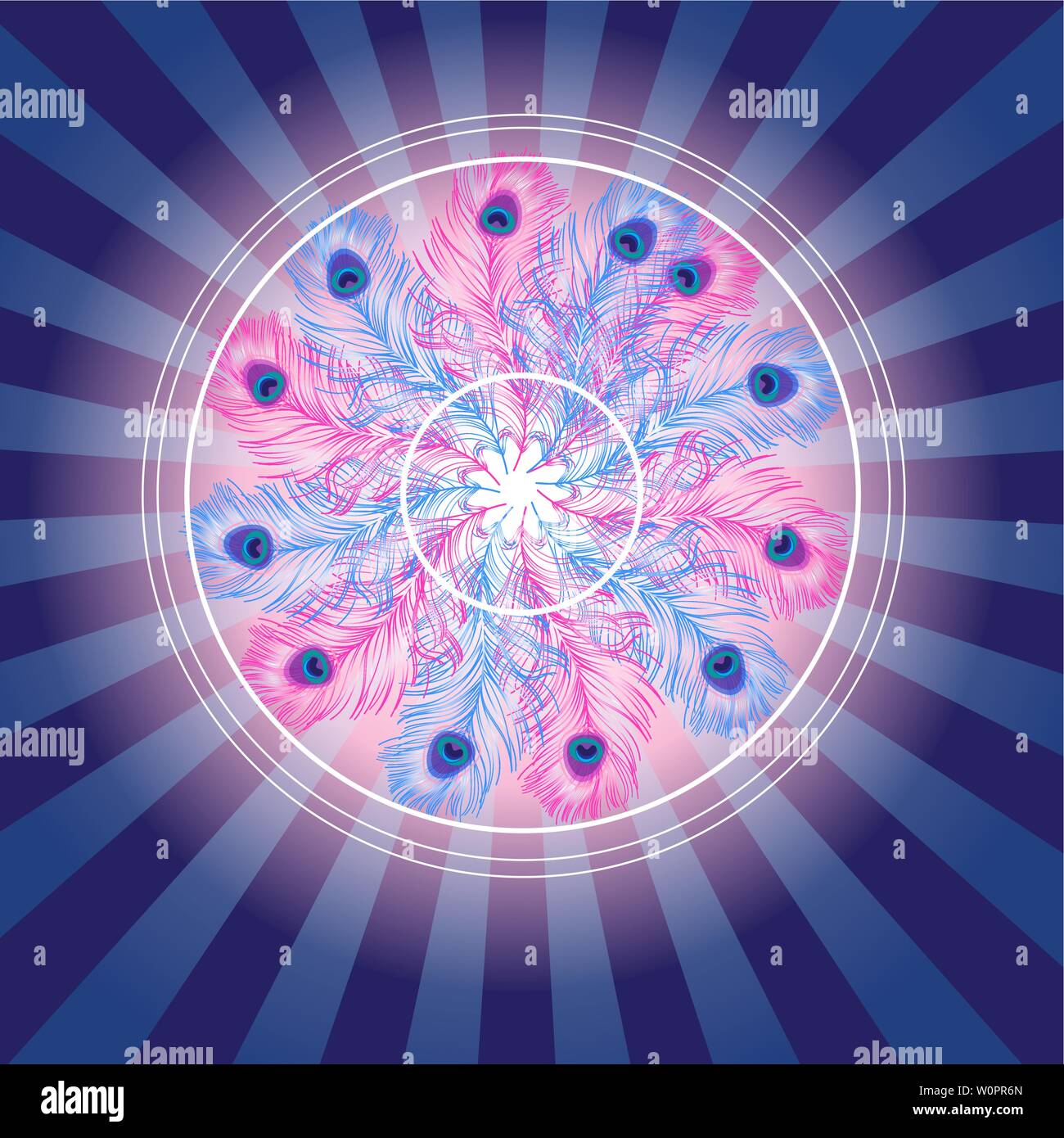 Beautiful fantastic glowing element of feathers in a circle on a blue ...