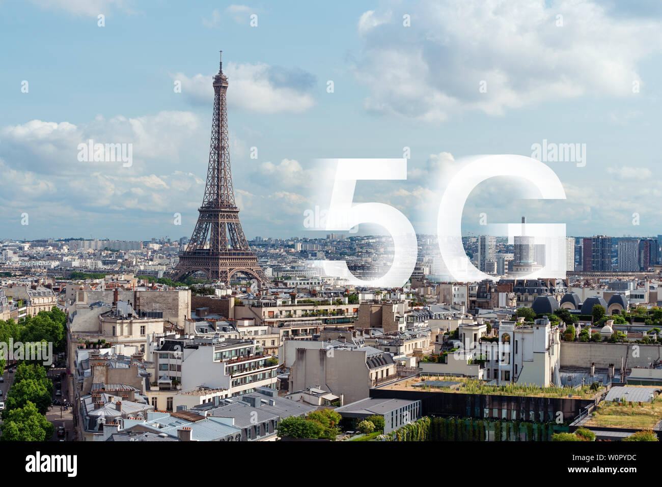 5G high speed internet in Europe. Eiffel tower, famous landmark and ...