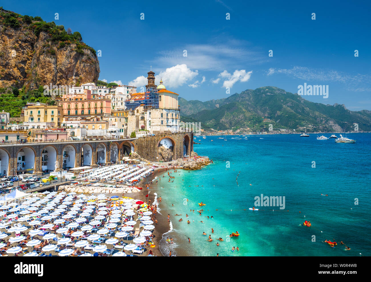 Atrani, Italy - June 23, 2019: Landscape with amazing beach of Atrani ...