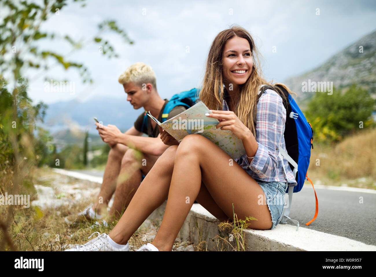Group of happy friend traveler walking and having fun. Travel lifestyle ...